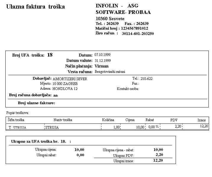 Ulazna faktura troška